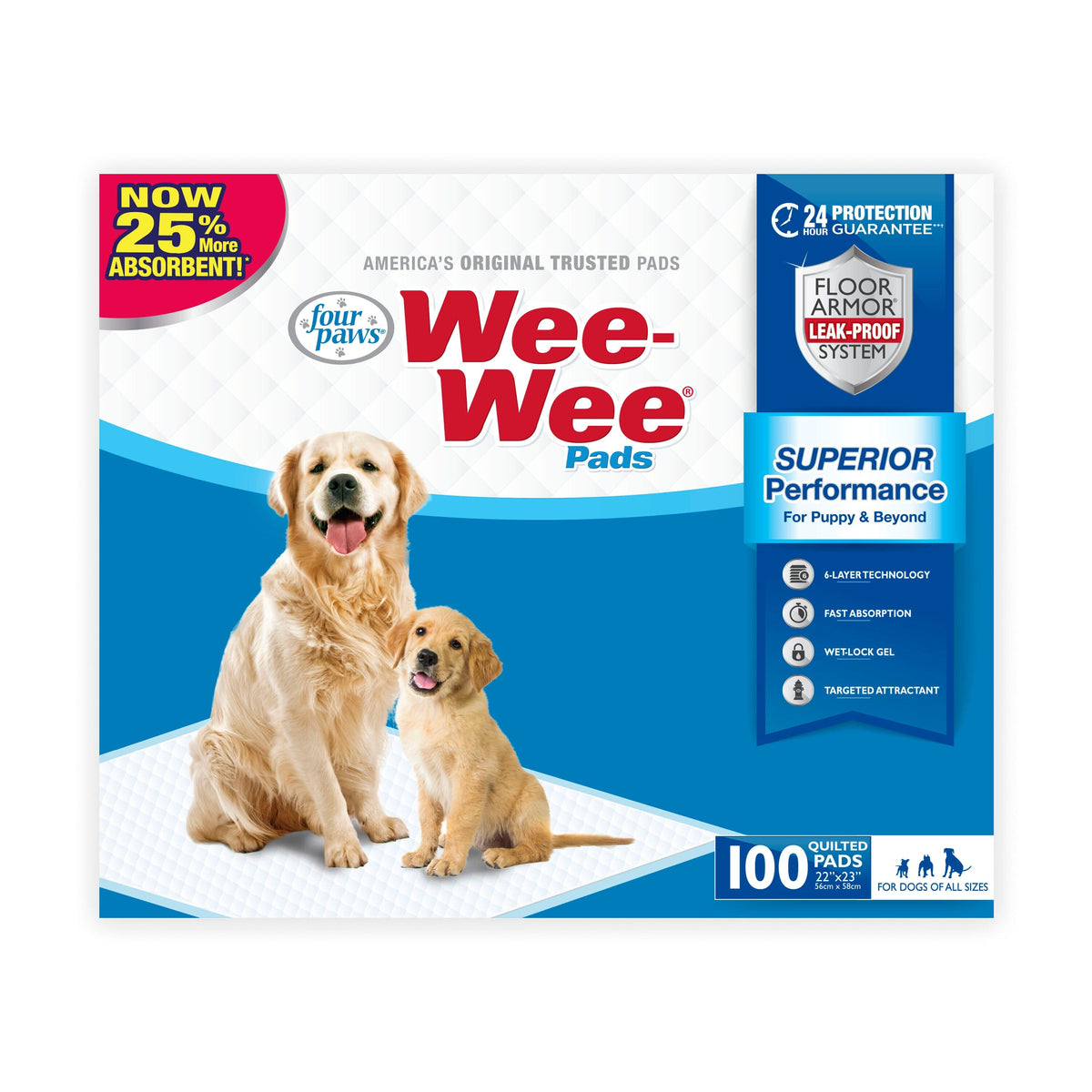 Four Paws Wee Wee Absorbent Pads for Dogs 100 Count - Standard 22 in X ...