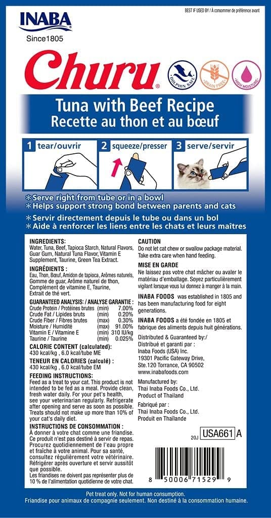 Inaba Churu Puree Cat Treats - Tuna and Beef - .5 Oz - 4 Pack - 6 Pack ...